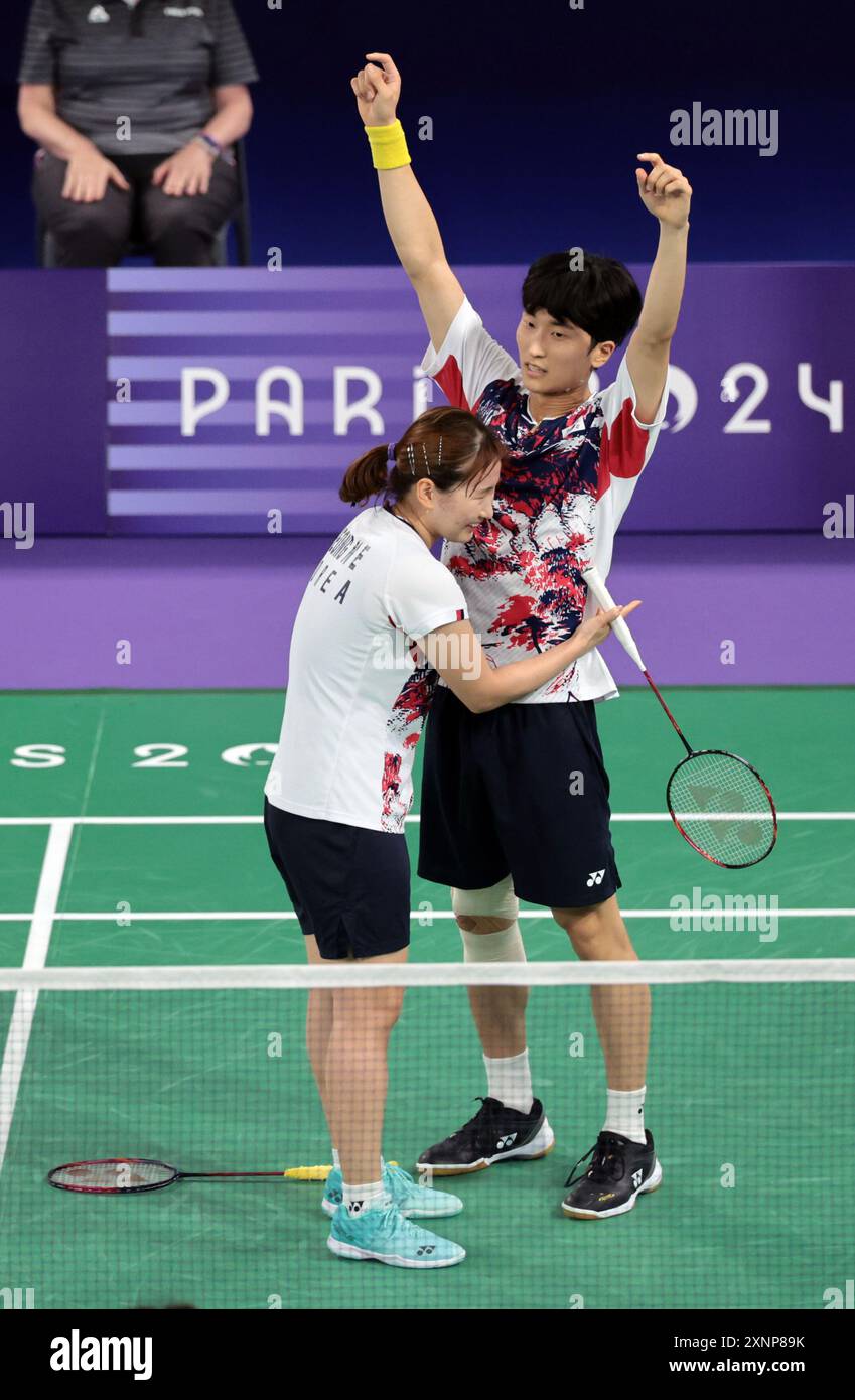 02nd Aug, 2024. S. Korea reaches finals in mixed doubles badminton Jeong Na-eun (L) and Kim Won ...