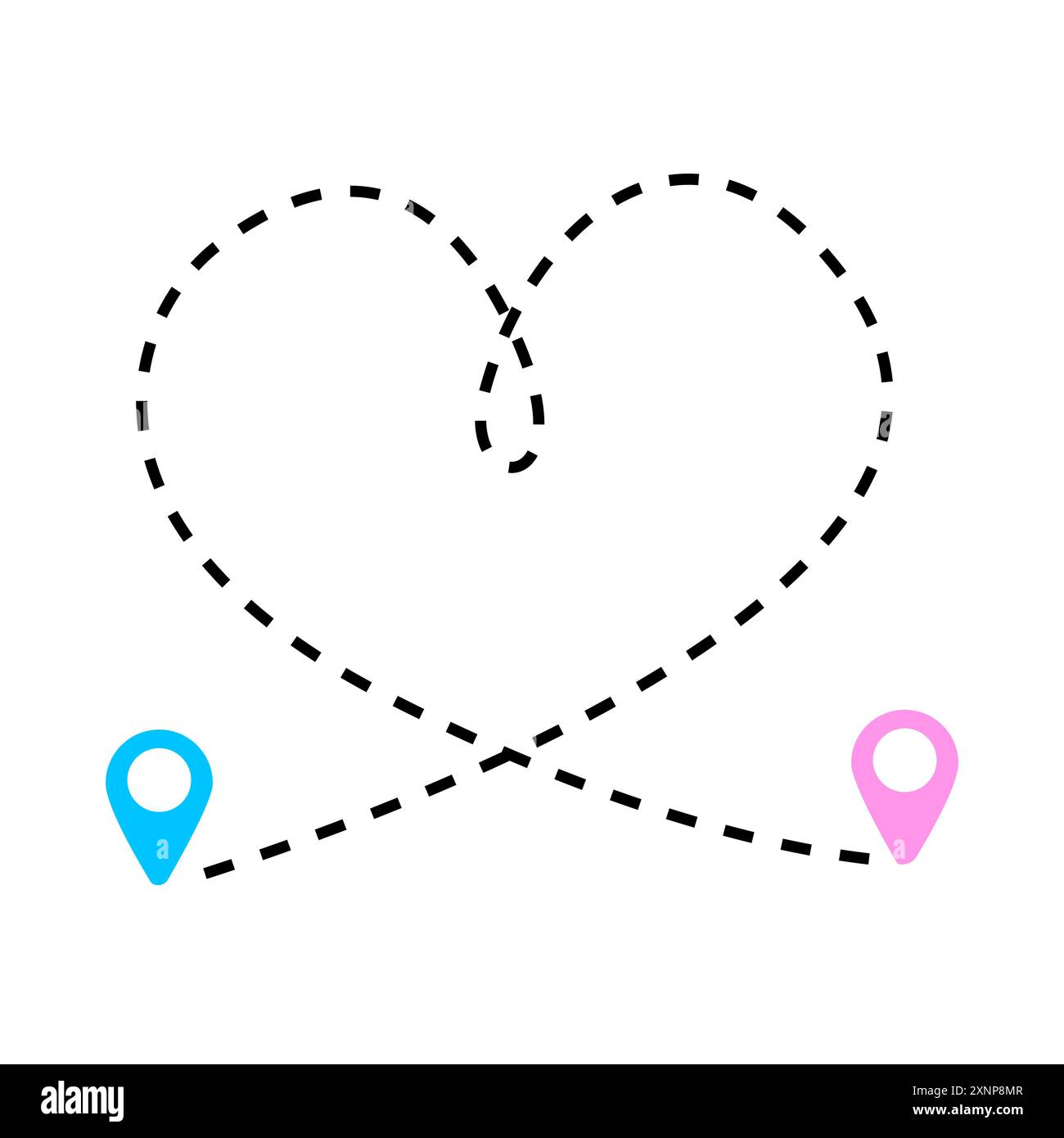 Heart shaped route map. Black dashed lines. Pink and blue markers ...