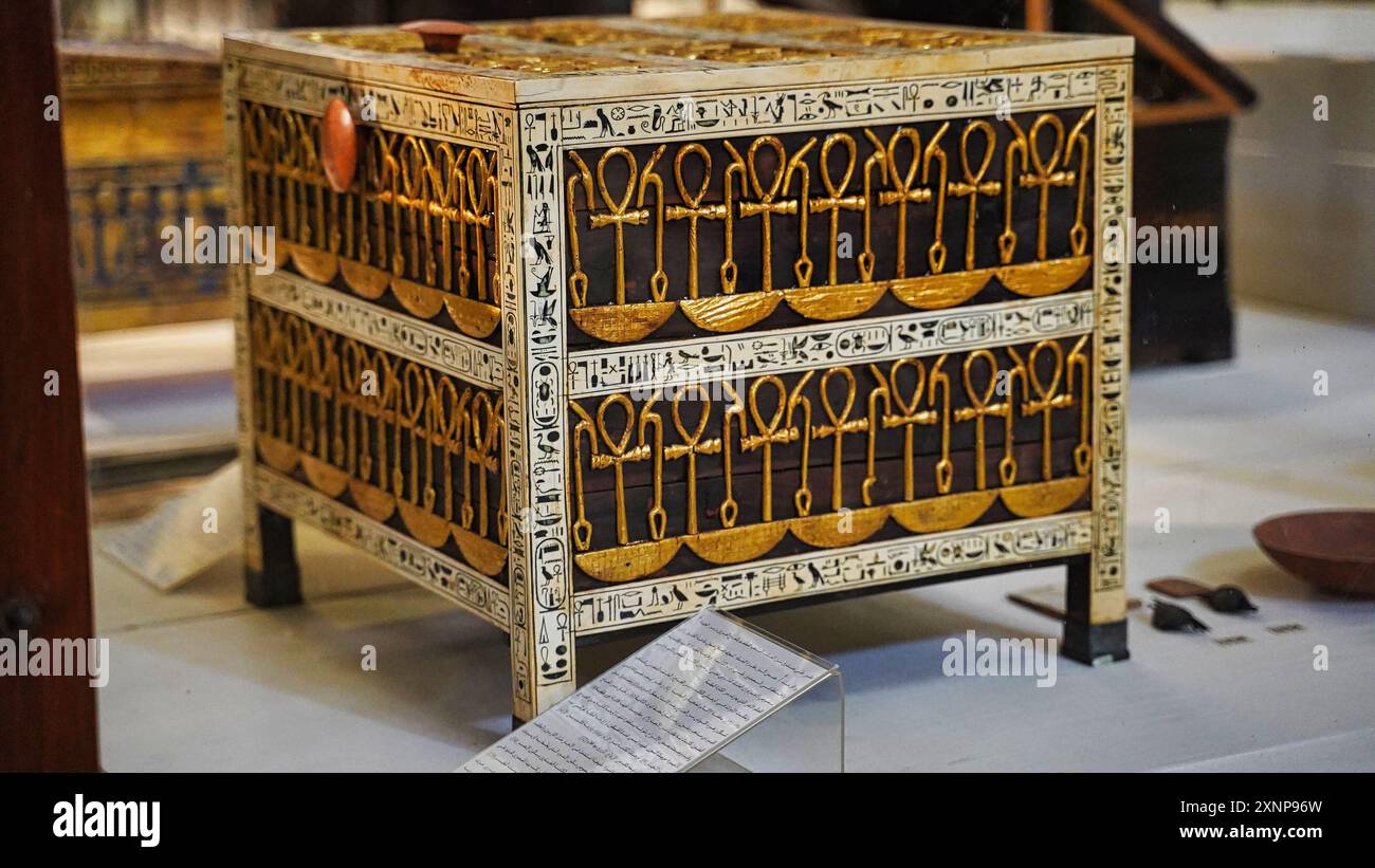 Cairo,Egypt,December 31,2019- Ornate gilded wood and ivory box with ...