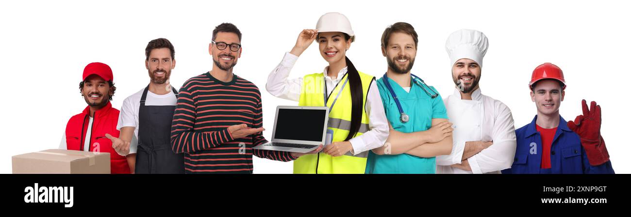 People of different professions. Collage with portraits on white ...