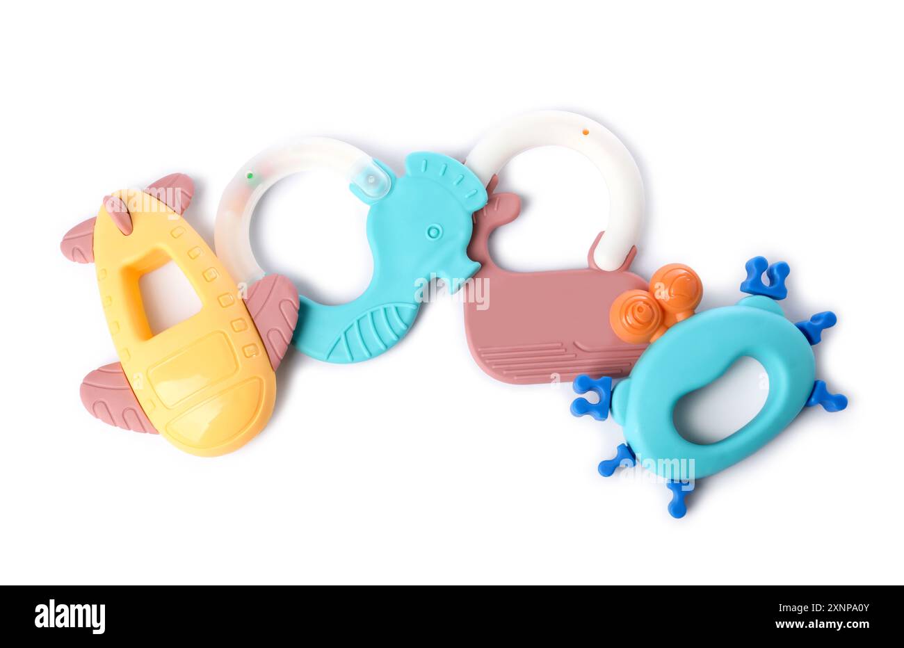 Colorful rattles isolated on white, top view. Baby accessories Stock ...