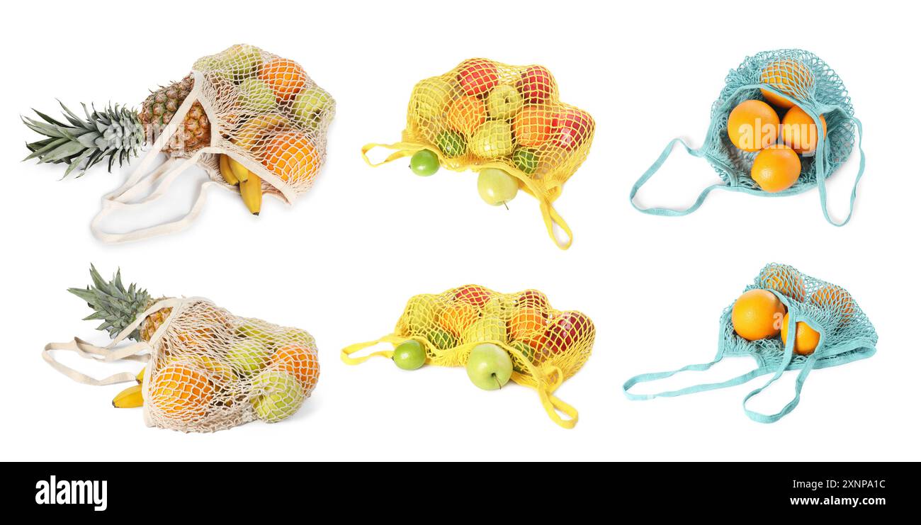 Set of different string bags with fresh fruits isolated on white, top ...