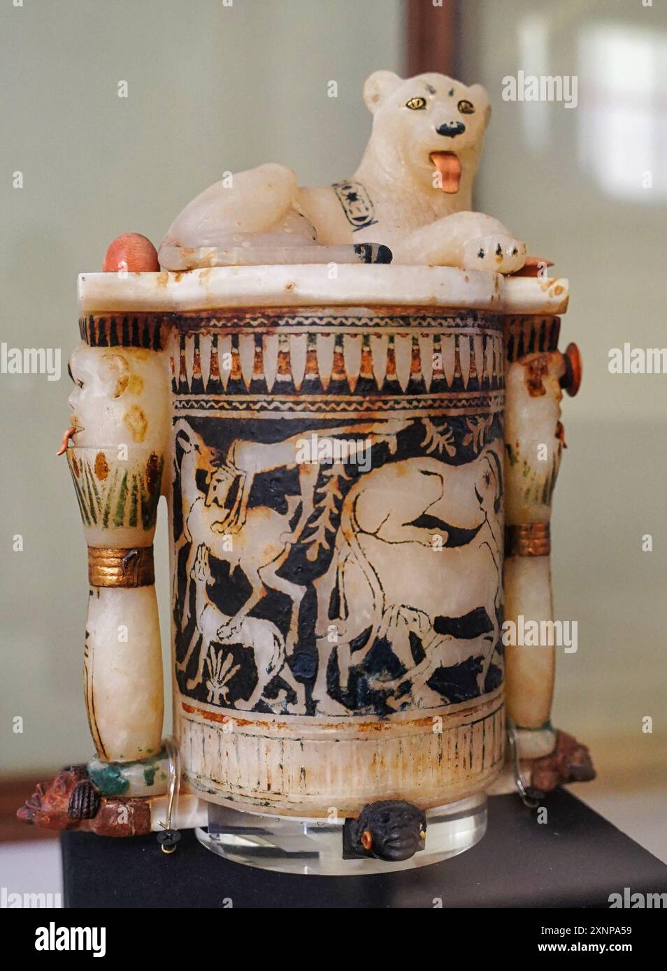 Cairo,Egypt,December 31,2019-Alabaster Unguent Container with a Lion ...