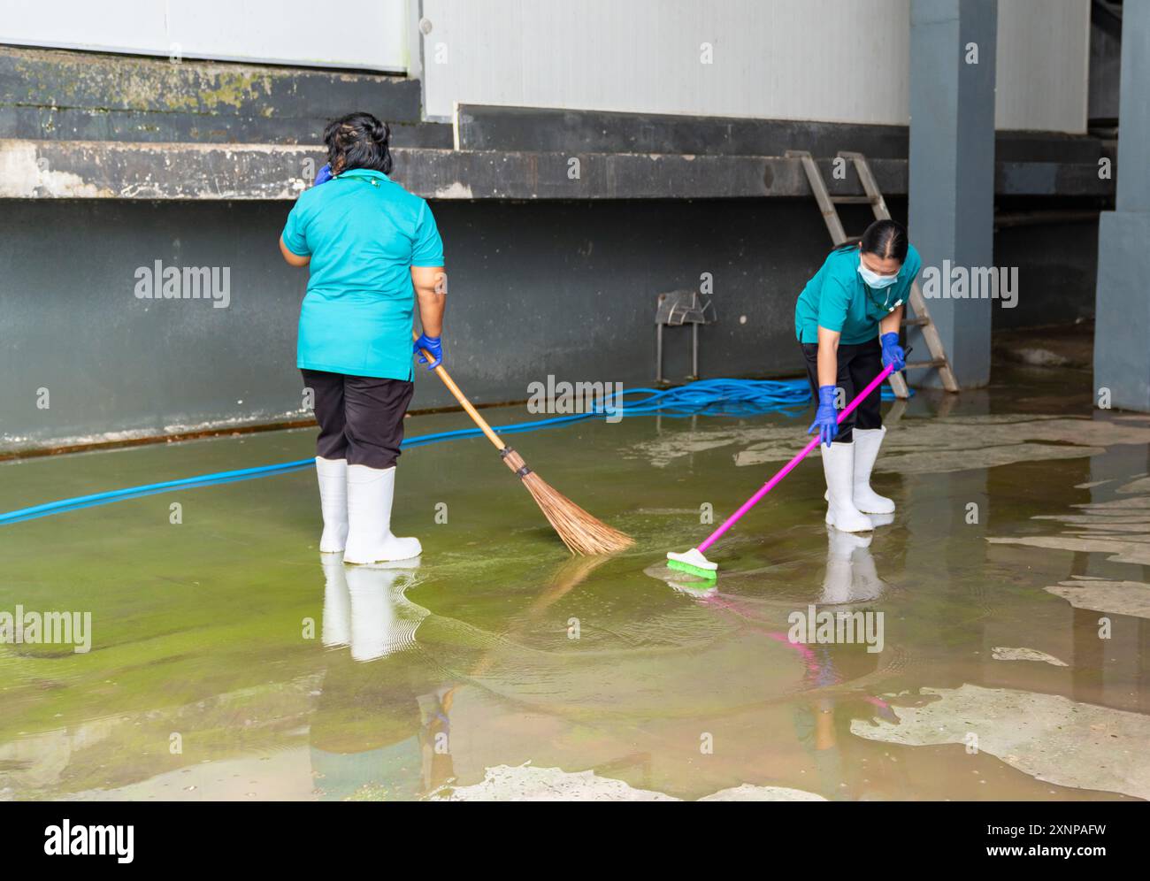 Workers with broom and mob cleanning floor in factory Stock Photo - Alamy