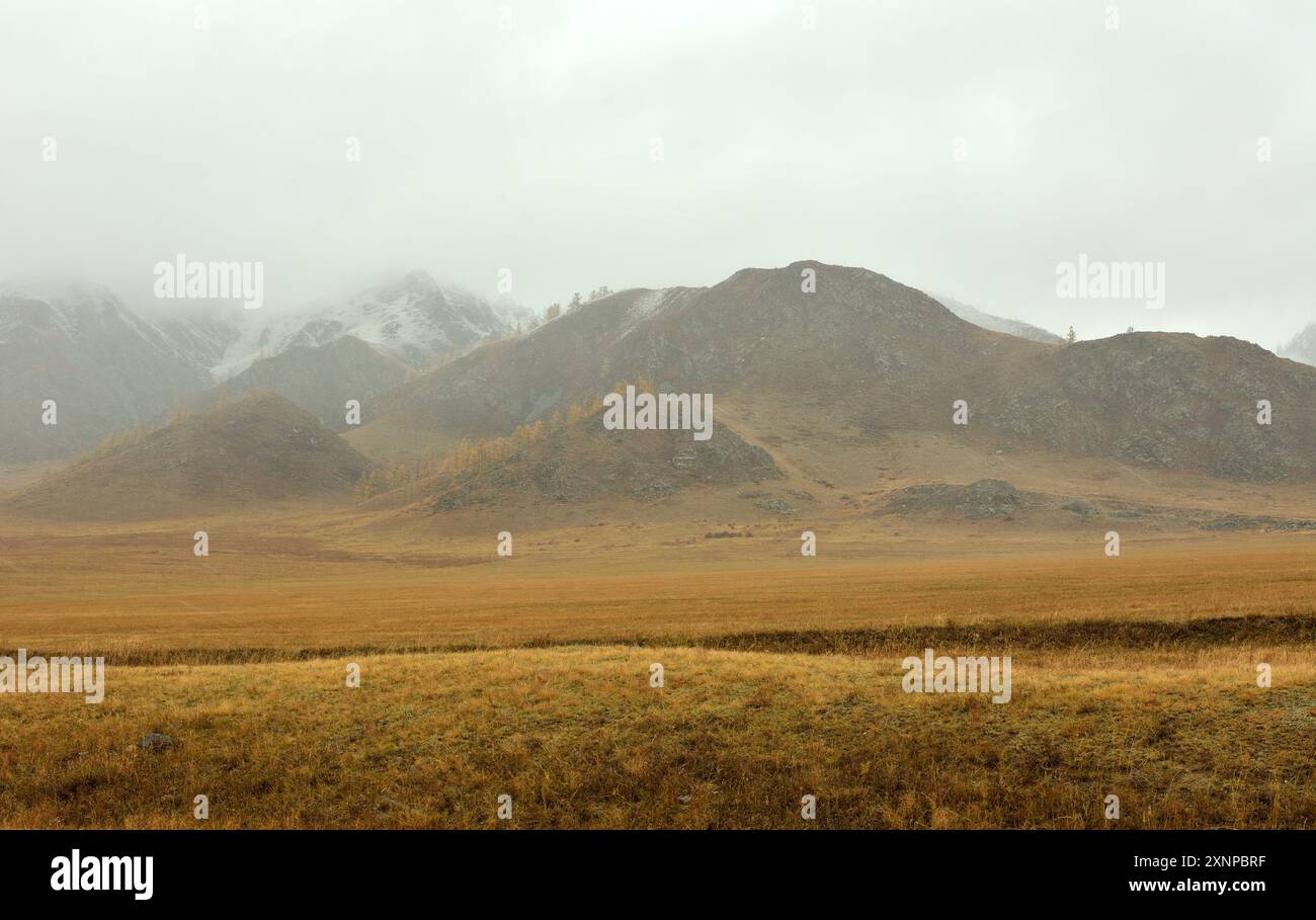 A look at the autumn steppe with tall grass at the foot of a mountain ...
