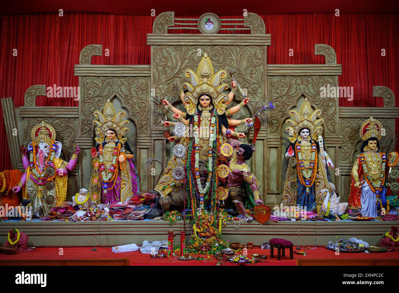 Idol of Goddess Devi Durga at a decorated puja pandal in Kolkata, West ...