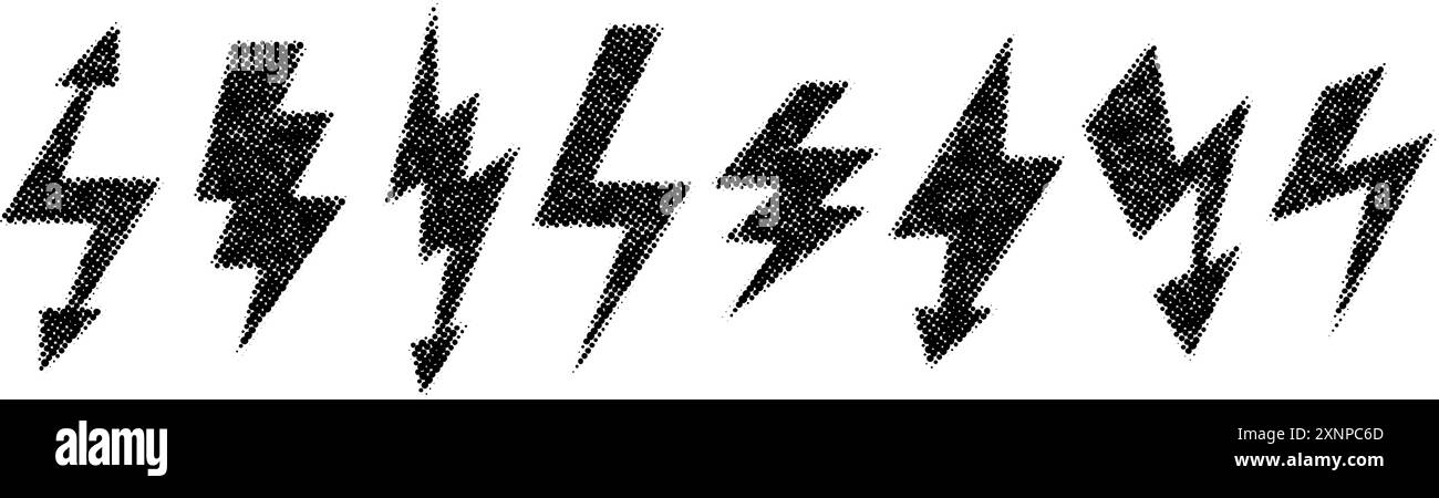Halftone grunge lightning bolt set. Dotted thunder bolt symbol ...