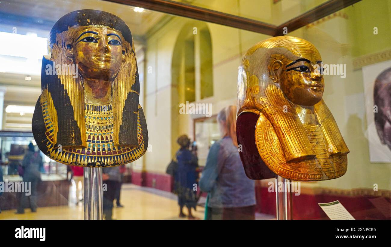 Cairo,Egypt,December 31,2019-Magnificent Gilded Cartonnage Masks from the Tomb of Yuya and Thuya ...