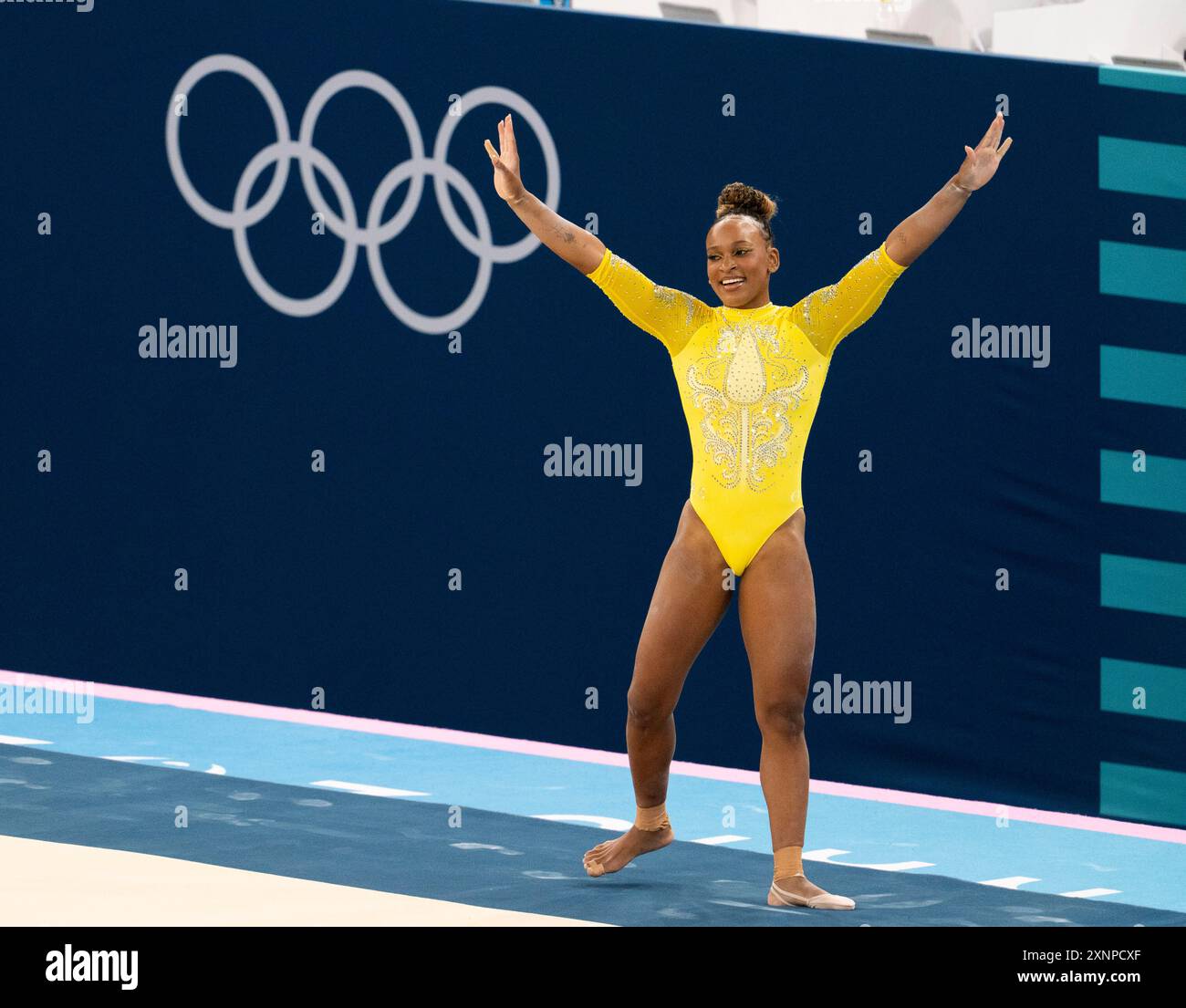 August 1, 2024, Paris, France: Paris 2024: Artistic Gymnastics Brazil's REBECA ANDRADE waves to ...