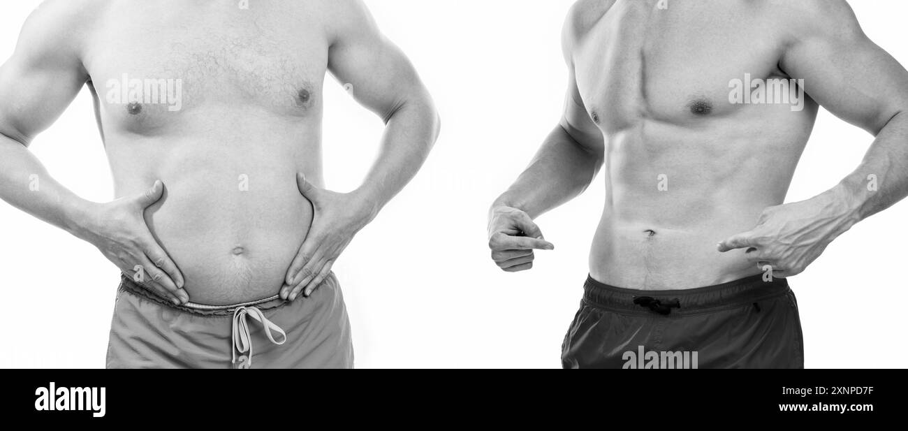cropped view of men with belly abs comparison, pointing finger. photo ...