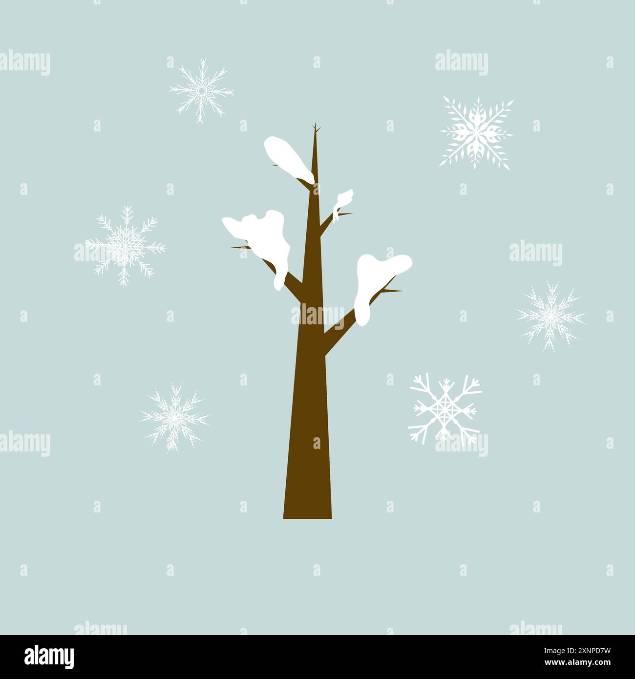 white Christmas tree and snow flakes on light blue background, used for ...