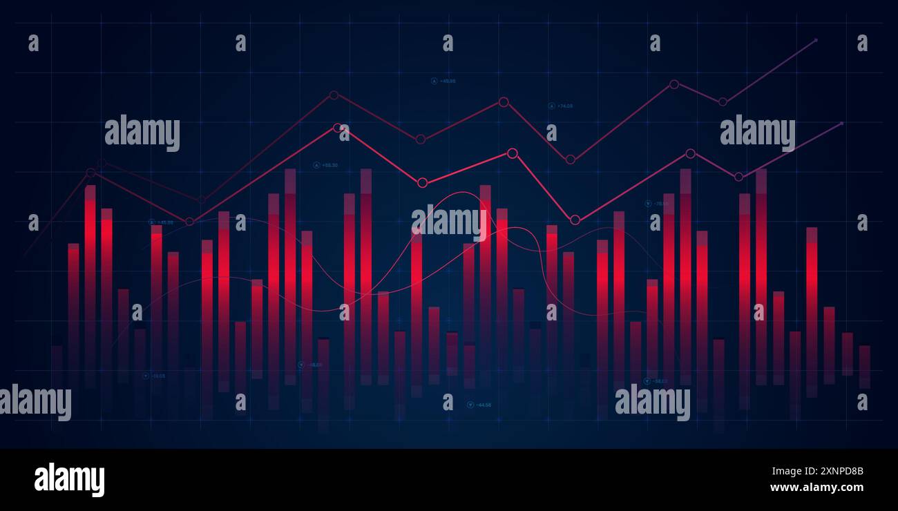Red abstract financial chart with uptrend line graph and numbers in ...