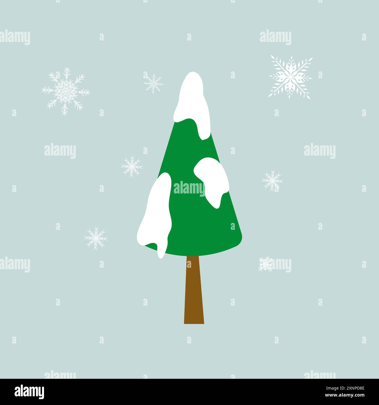 Green Chistmas tree and snow flakes on light blue background, used for ...
