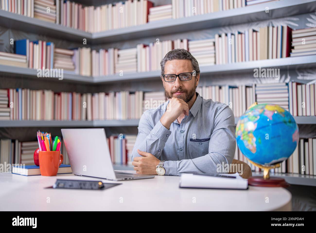 knowledge and education. teacher work on laptop. Teacher do remote ...
