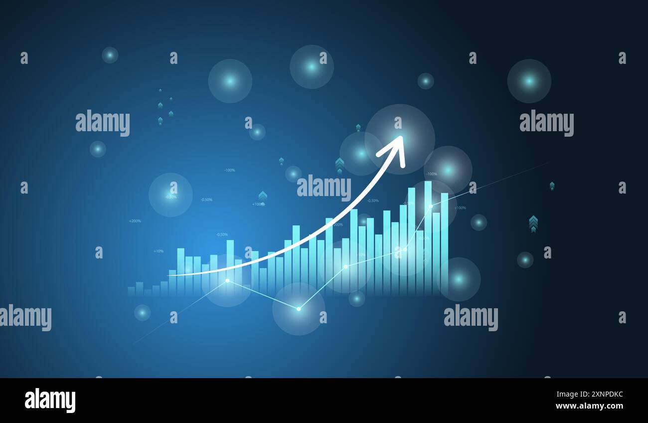 Business and Financial chart with moving up arrow graph and world map in stock market on blue ...