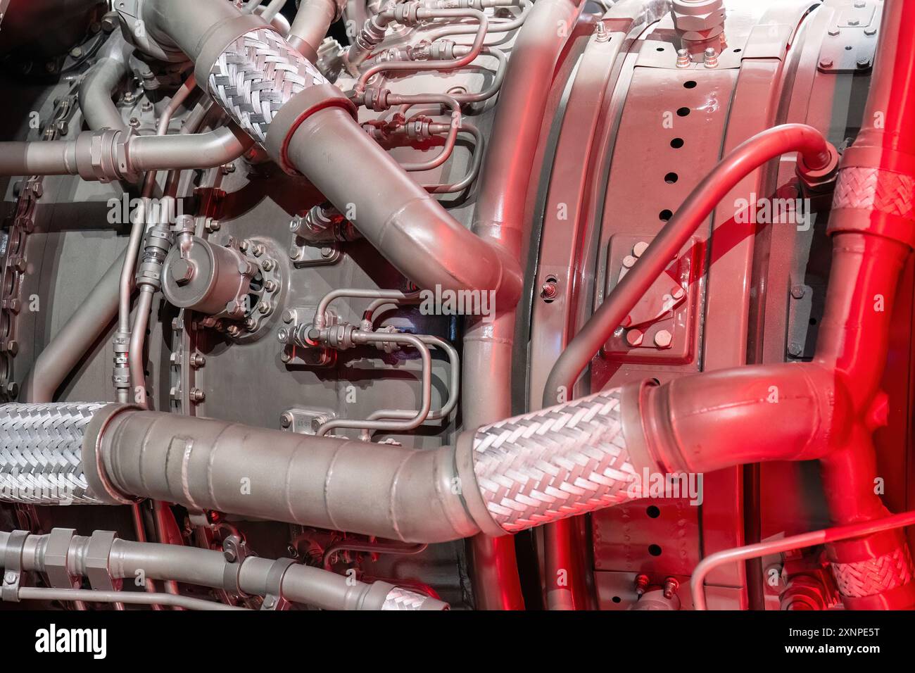 Detailed view of aircraft engine with wires and pipes. Modern ...