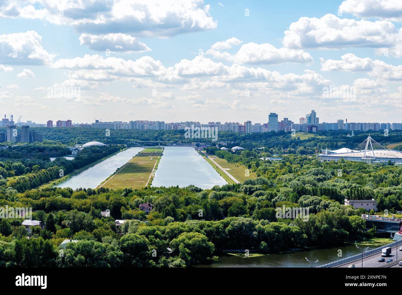 Aerial view of Moscow Krylatskoe hills and sport rowing canal. Famous ...