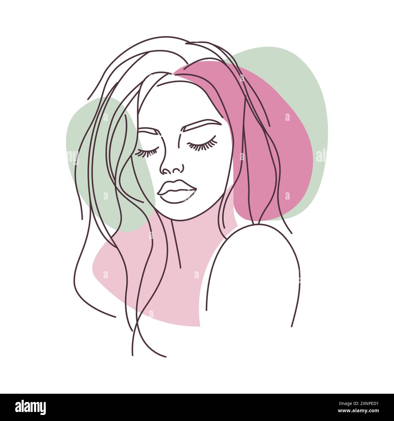 Aesthetic Beautiful Girl Face Hand Drawn Sketch in Line Art Style with Purple Green Fill Color ...