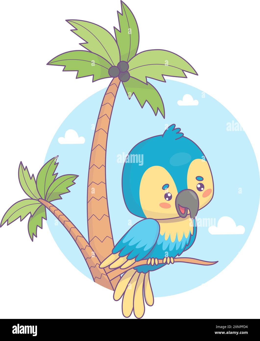 Cute Ara parrot with tropical palm trees. Funny cartoon kawaii yellow ...