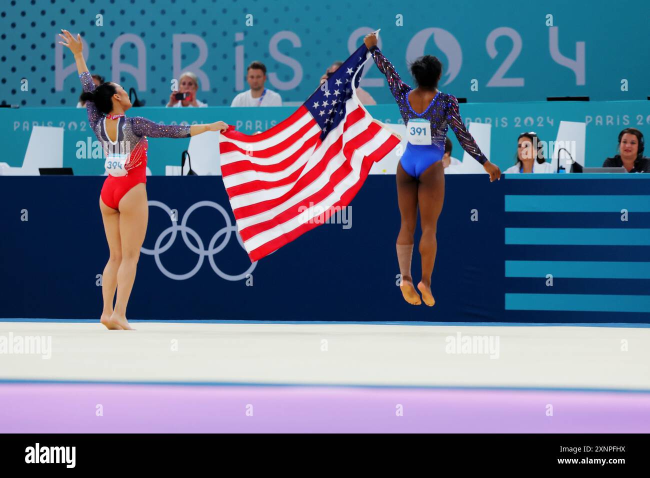 Paris, France. 1st Aug, 2024. (L-R) Sunisa Lee, Simone Biles (USA ...