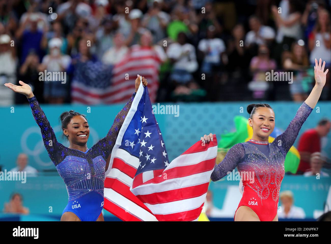 Paris, France. 1st Aug, 2024. (L-R) Simone Biles, Sunisa Lee (USA ...