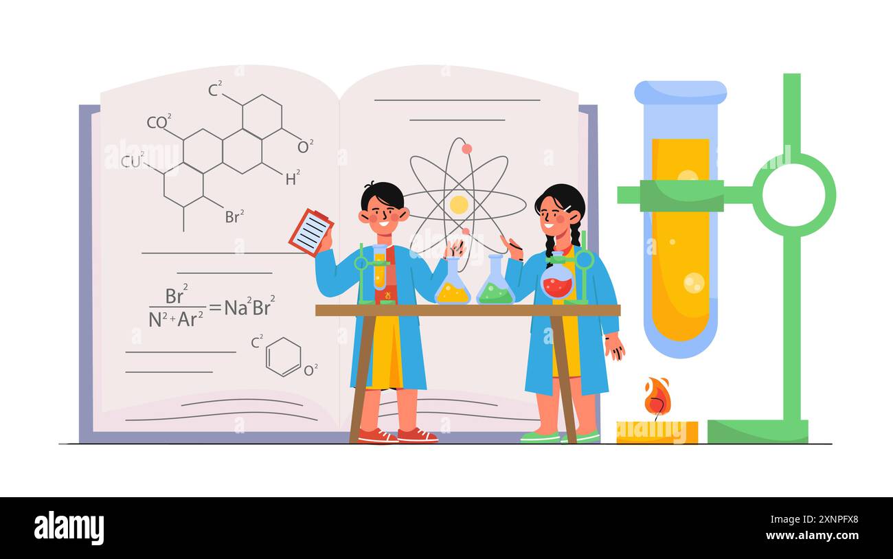 Children with chemistry. Boy and girl with test tubes near book ...