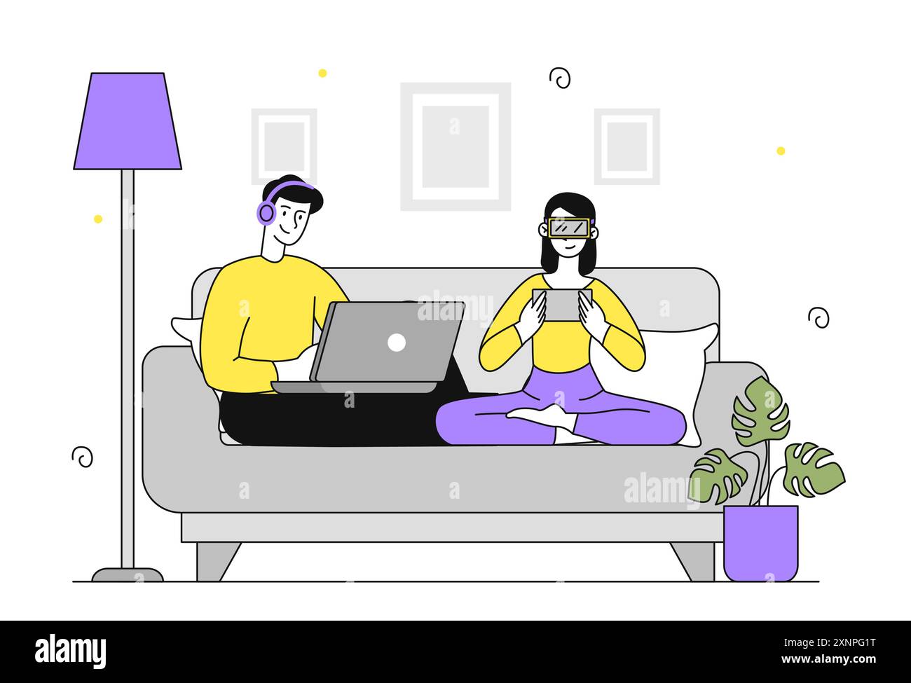 Couple play games. Man with laptop and woman wearing virtual reality ...