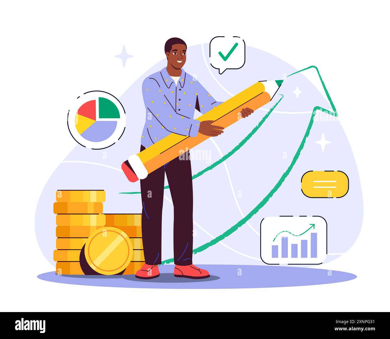 Man draws success. Young guy with pencil draws graph and diagram ...