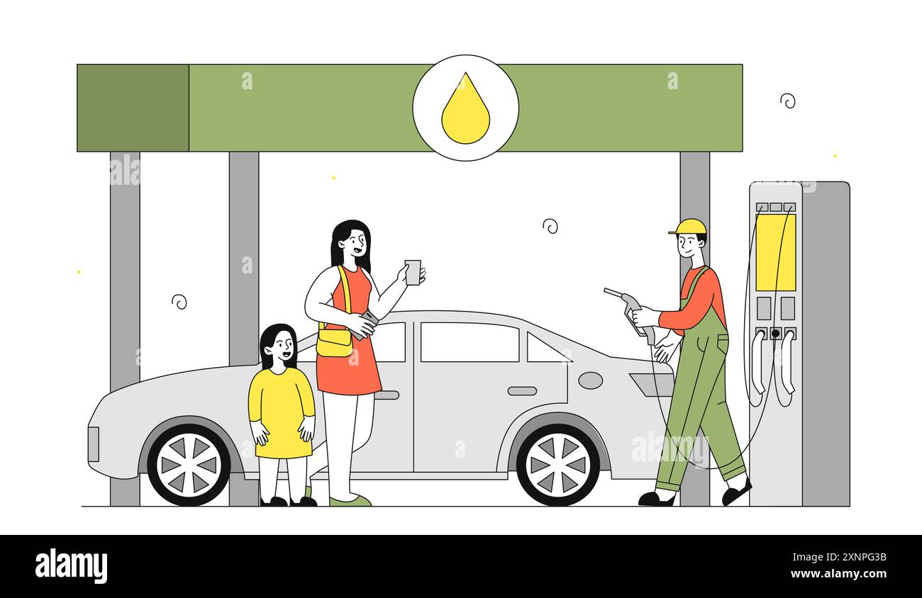 People at gas station. Worker in uniform helps mother and daughter ...