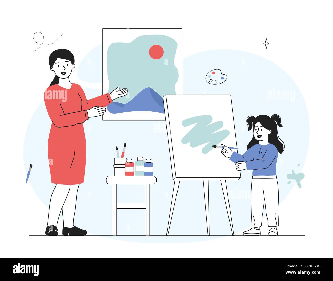 Child learns draw. Mother and daughter standing near canvas ...