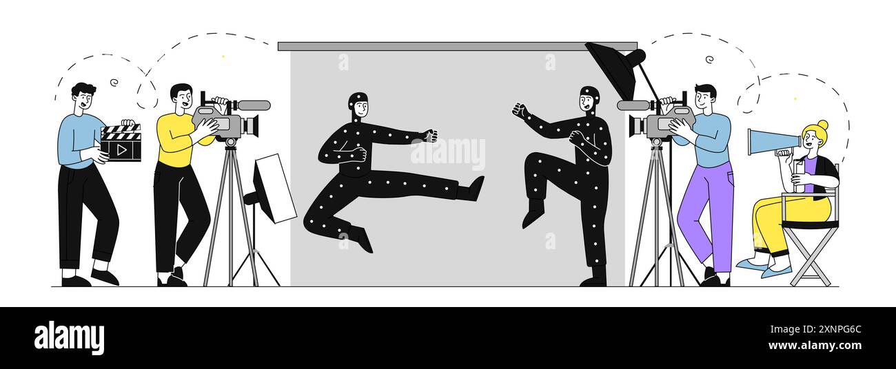 Movie production scene. Director and cameraman film fighting men ...