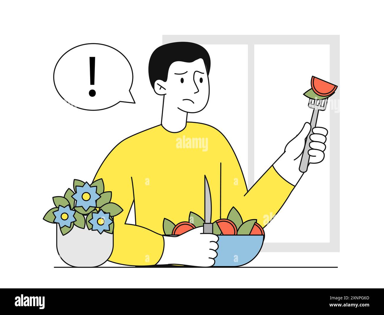 Man without appetite. Sad young guy looking at salad. Person with ...
