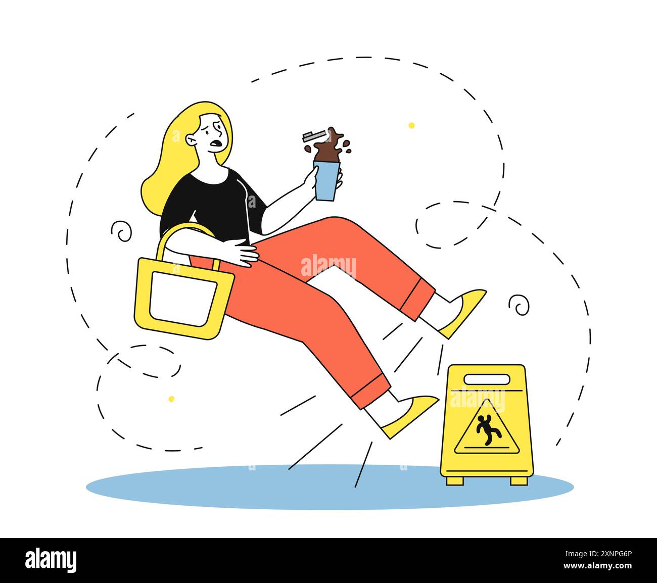 Woman falling at wet floor. Young girl slips in puddle of water ...