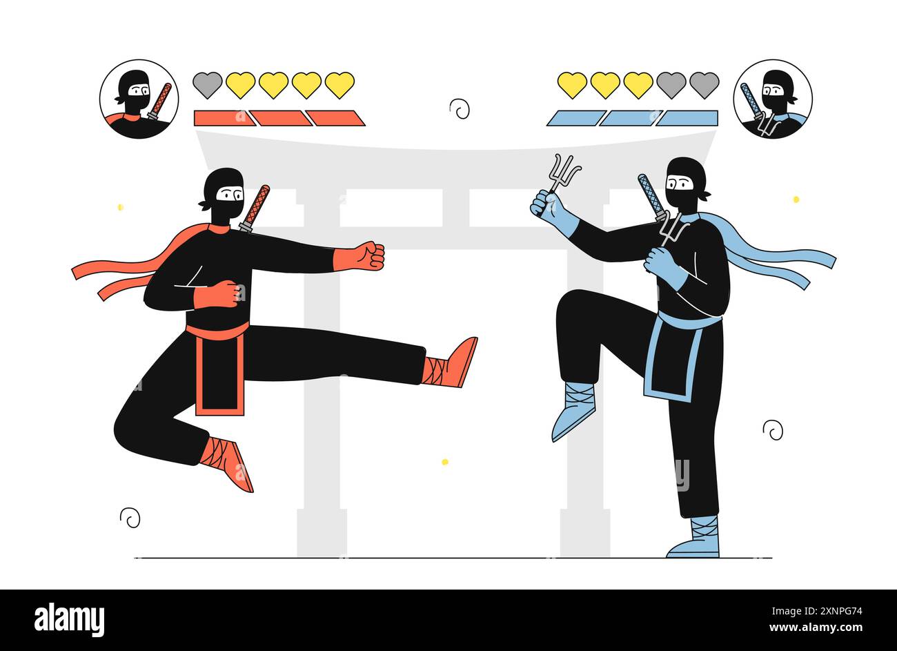 Fighting game concept. Two ninjas fight each other. Scene from arcade ...