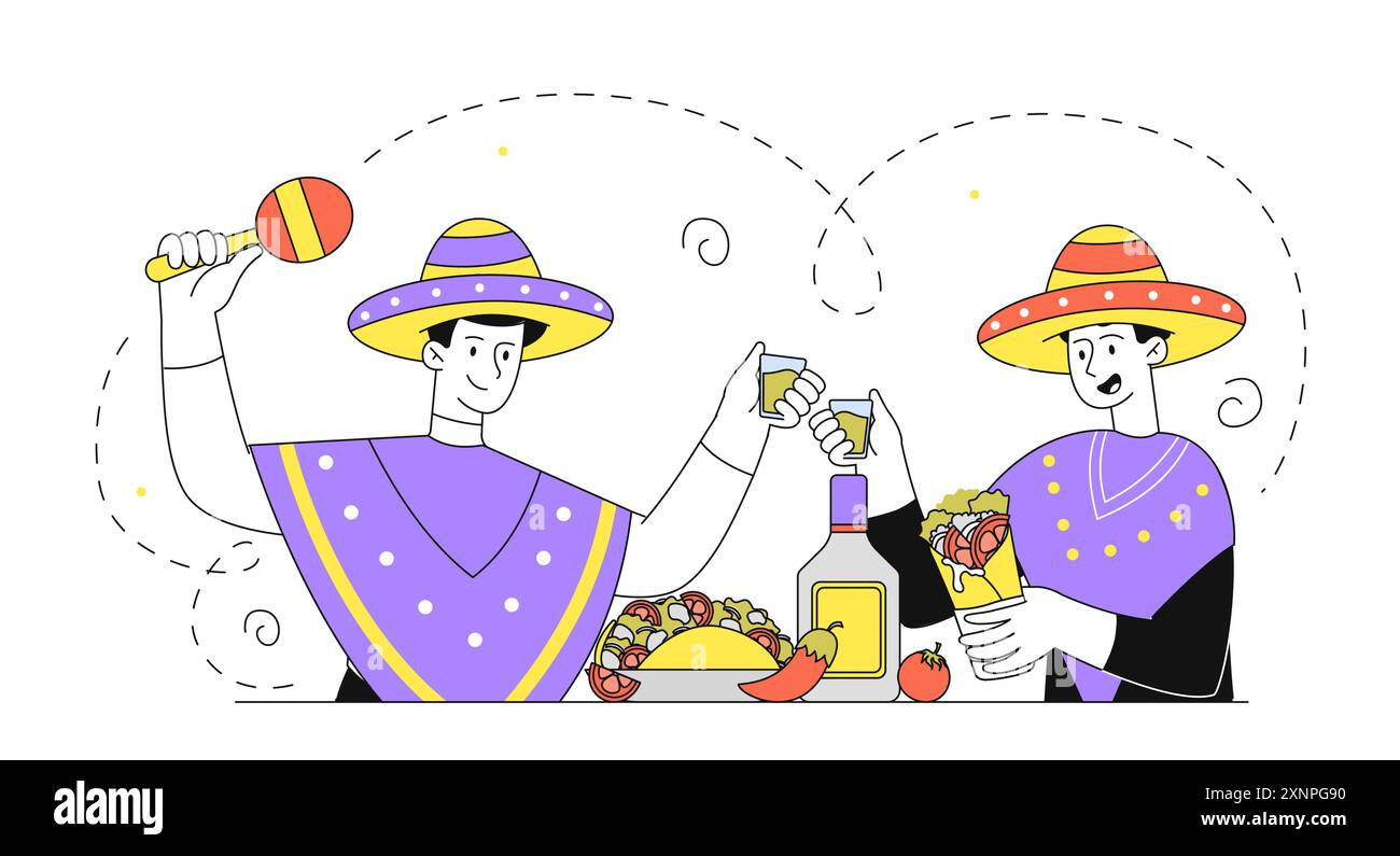 Men with Mexican food. Young guys with marcas in sombreros drink ...