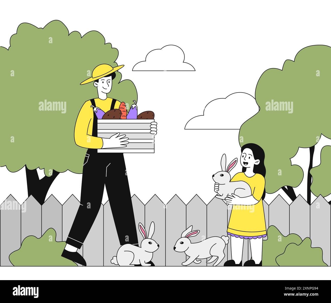 Farmers with rabbits. Man with box of vegetables and young girl near ...