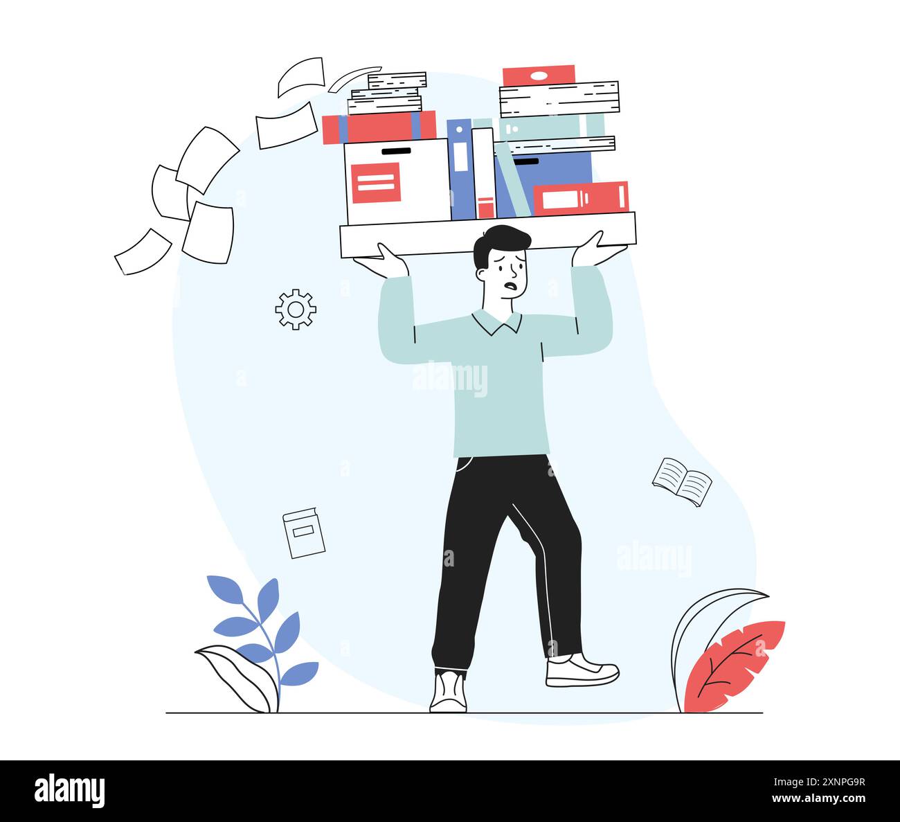 Overload man concept. Young guy with lot of paperwork. Stress and ...