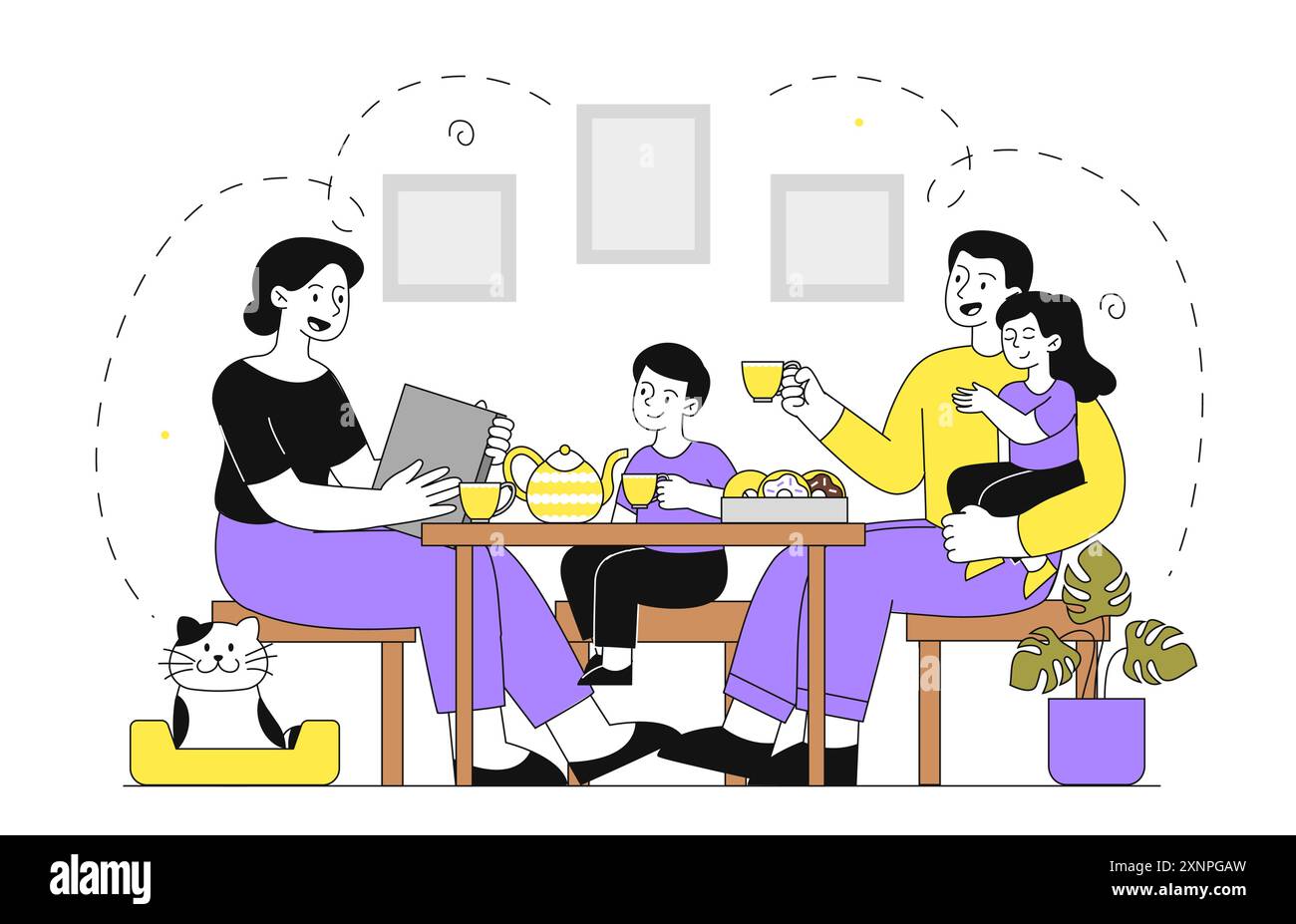 Family at tea party. Man and woman with boy and girl sitting at table ...