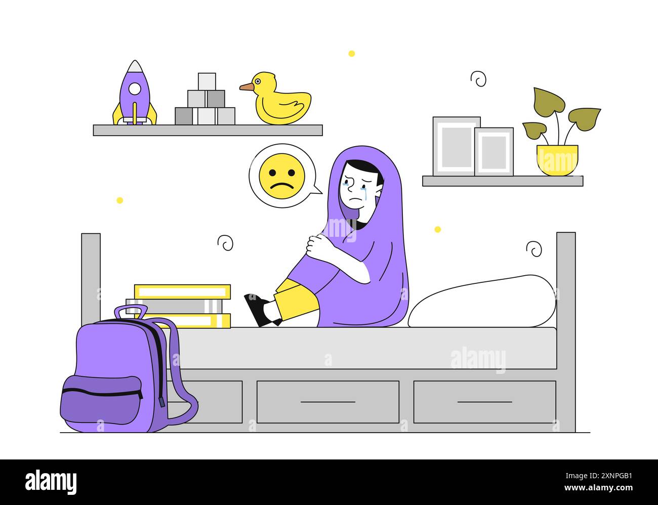 Unhappy boy crying at bed. Kid sits in bedroom and cries. Negative ...