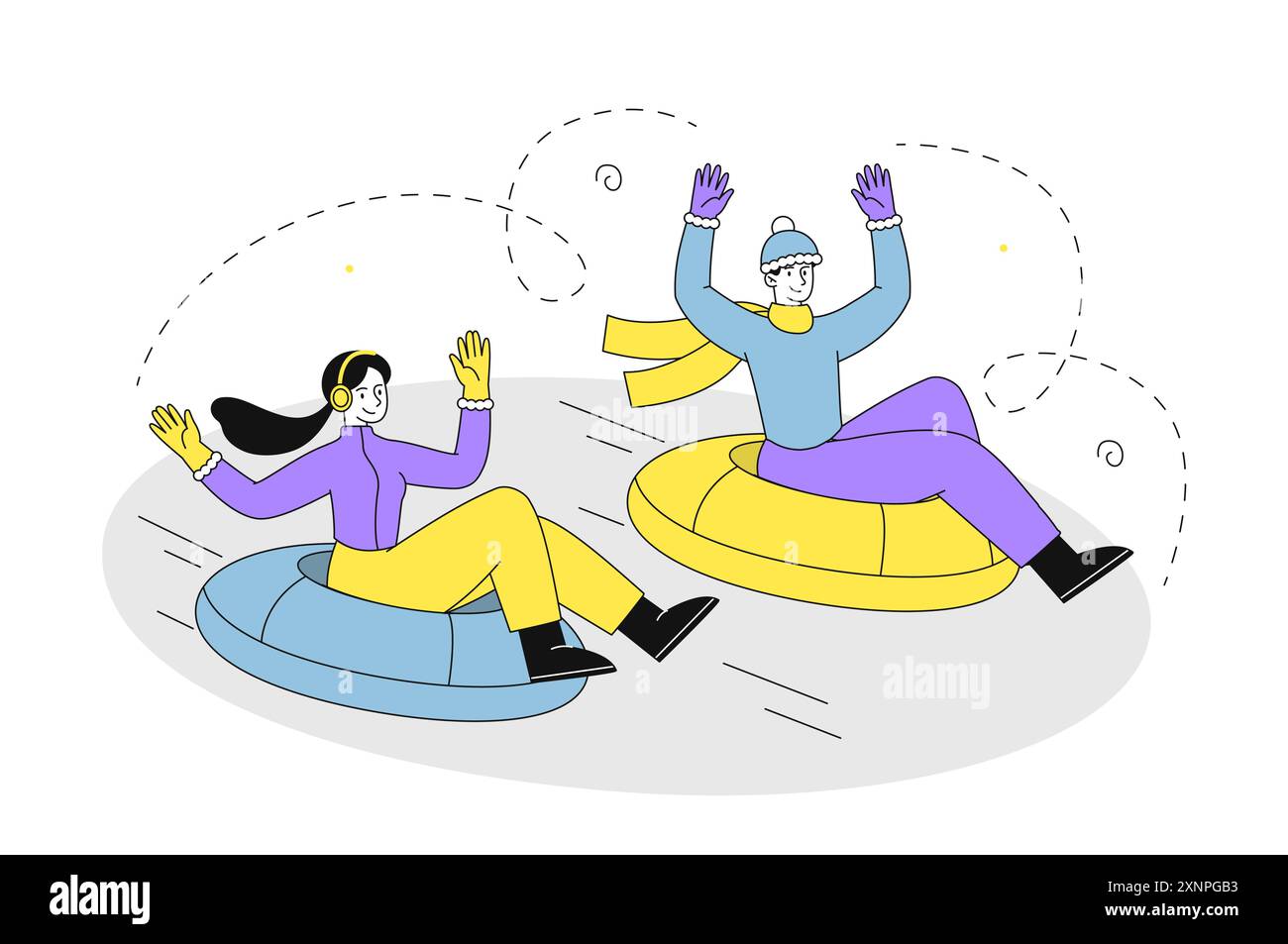 People at snow slide. Man and woman in warm clothes sliding down slide ...