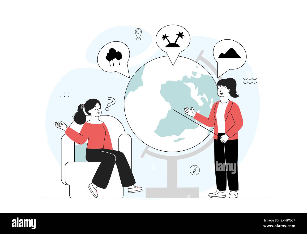 Women with travel agency. Young girl gives advice to traveler. Drawing ...