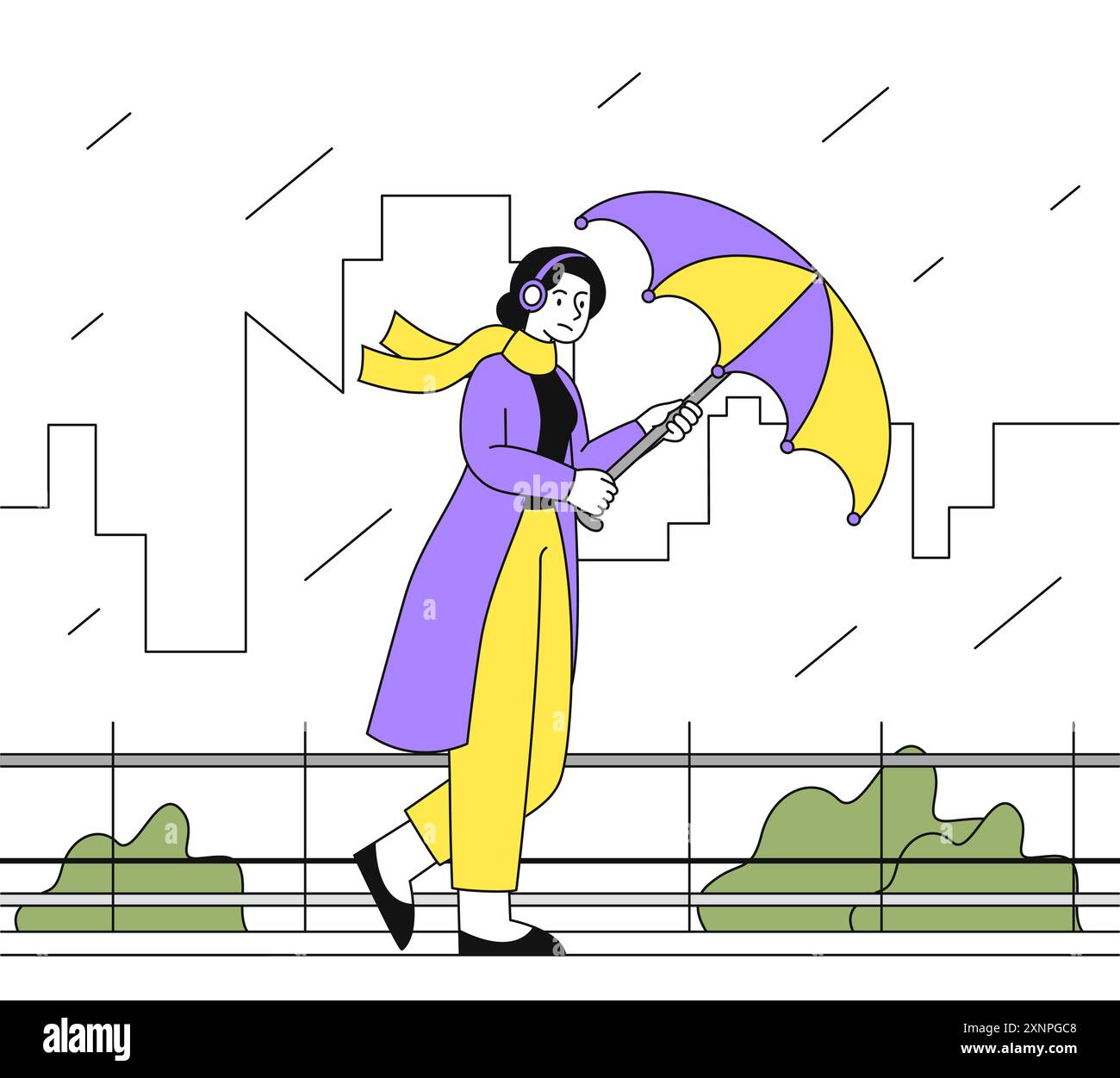 Woman in windy day. Young girl walks on street with umbrella in storm ...