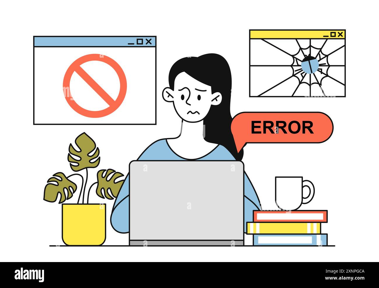 Woman with software failure. Young girl with laptop looks at error on ...