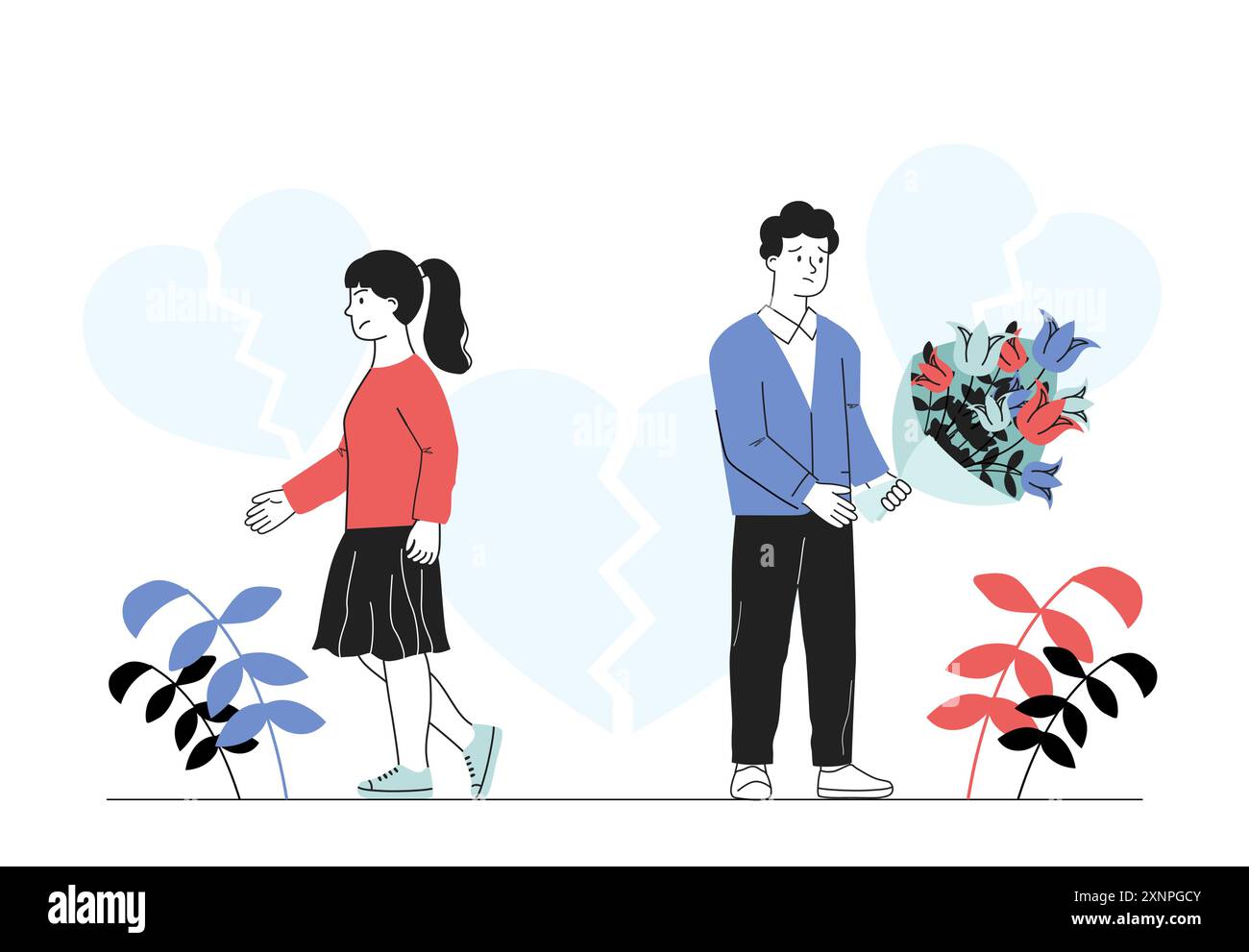 Girl refused lover. Sad man with bouquet looks at leaving woman. Young ...