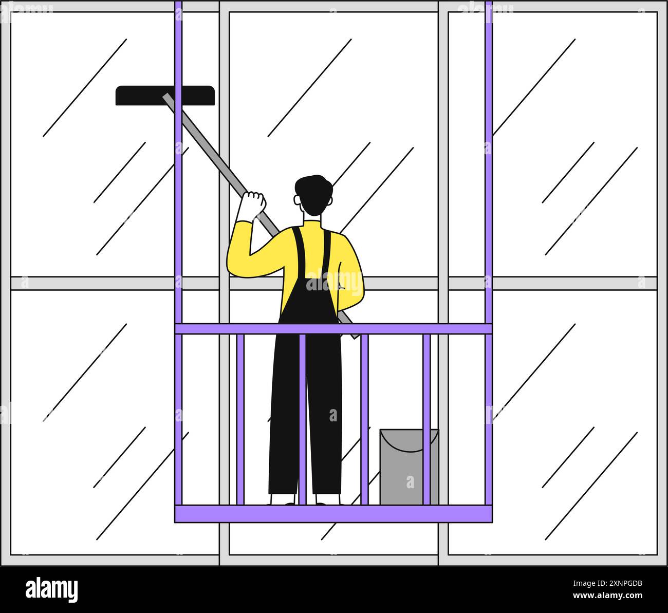 Window cleaner man. Young guy in uniform with scraper washes windows ...