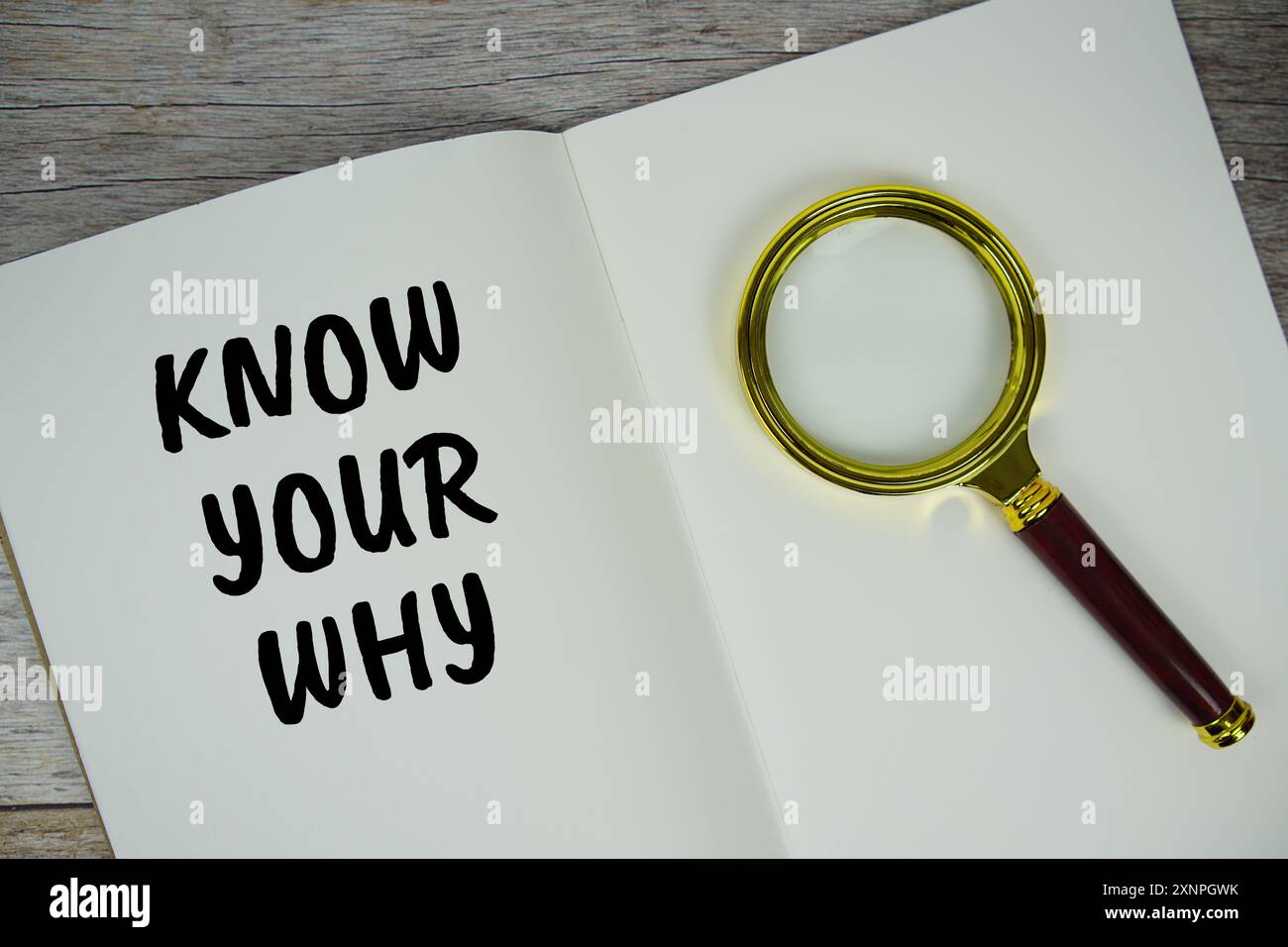 Know Your Why text message written on note page with magnifying glass top view on wooden ...