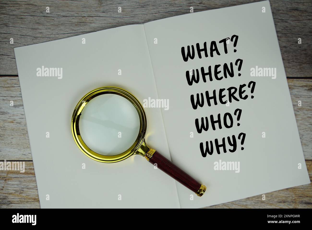 What When Where Who Why written on note page with magnifying glass top ...