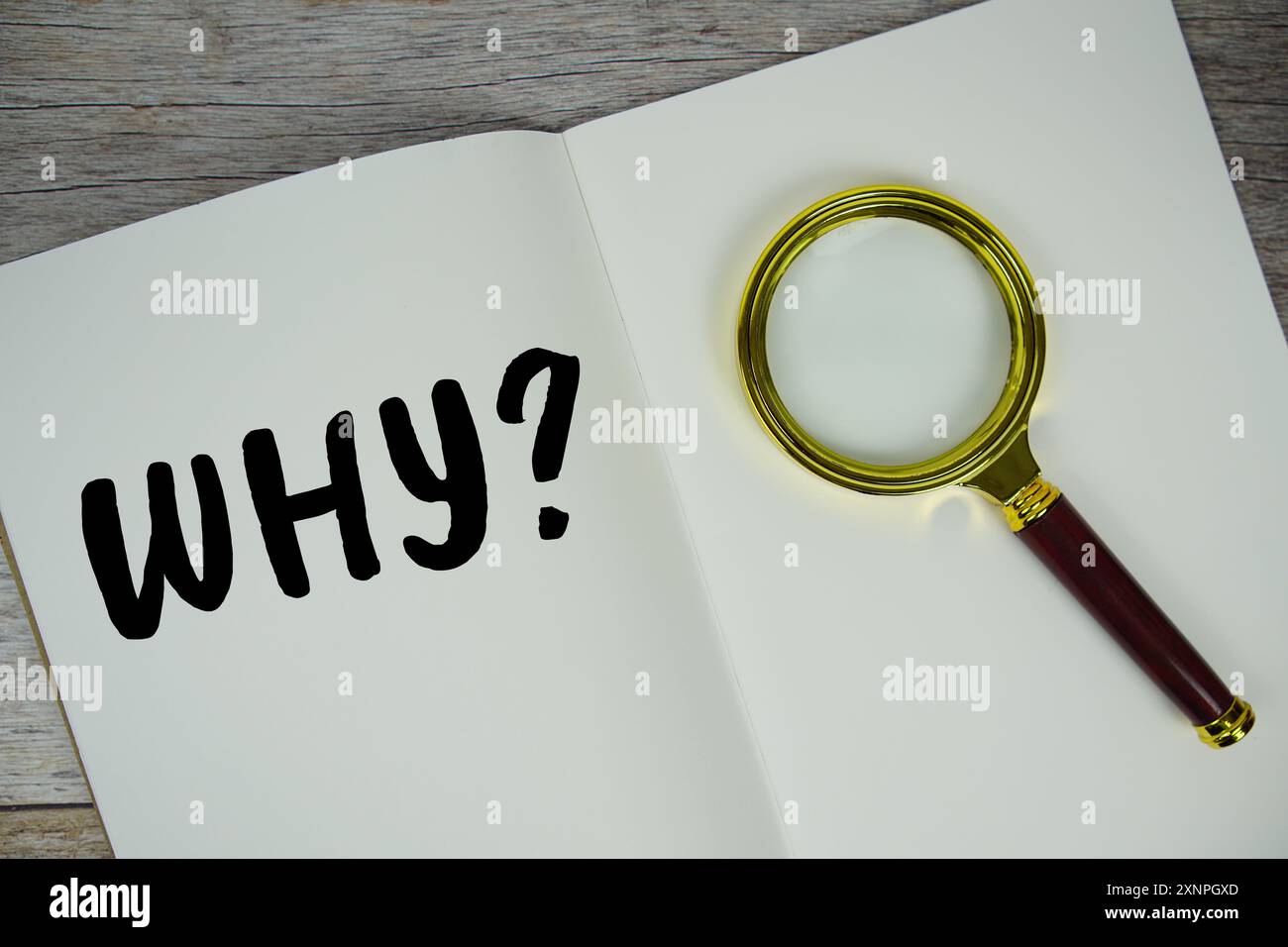 Why? text on notebook page with magnifying glass top view on wooden ...