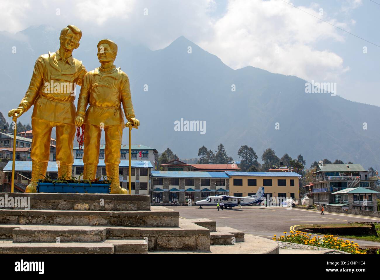 Statue of Sir Edmund Hillary and Tenzing Norgay beside Lukla airstrip ...