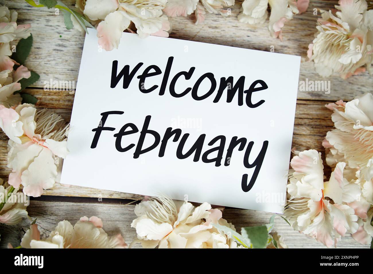 Welcome February text on paper card with flowers frame top view on ...